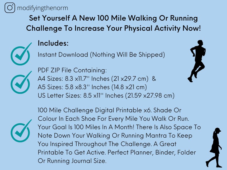 100 Mile Challenge Printable, Walking or Running Challenge Tracker ...