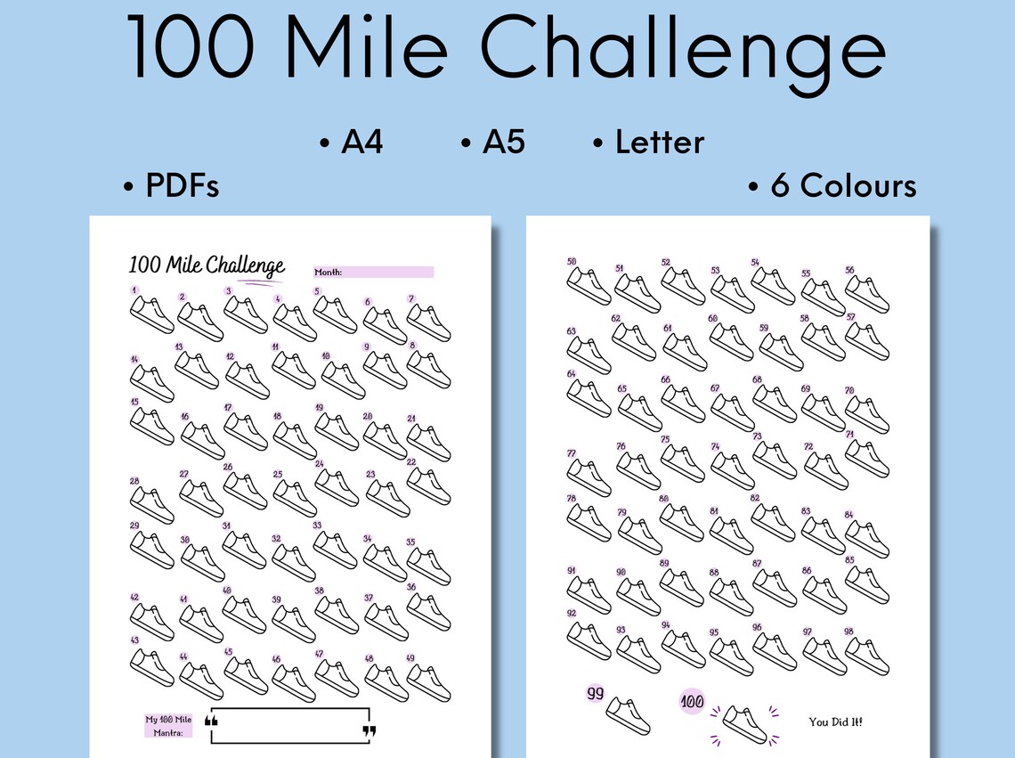 100 Mile Challenge Printable, Walking or Running Challenge Tracker ...