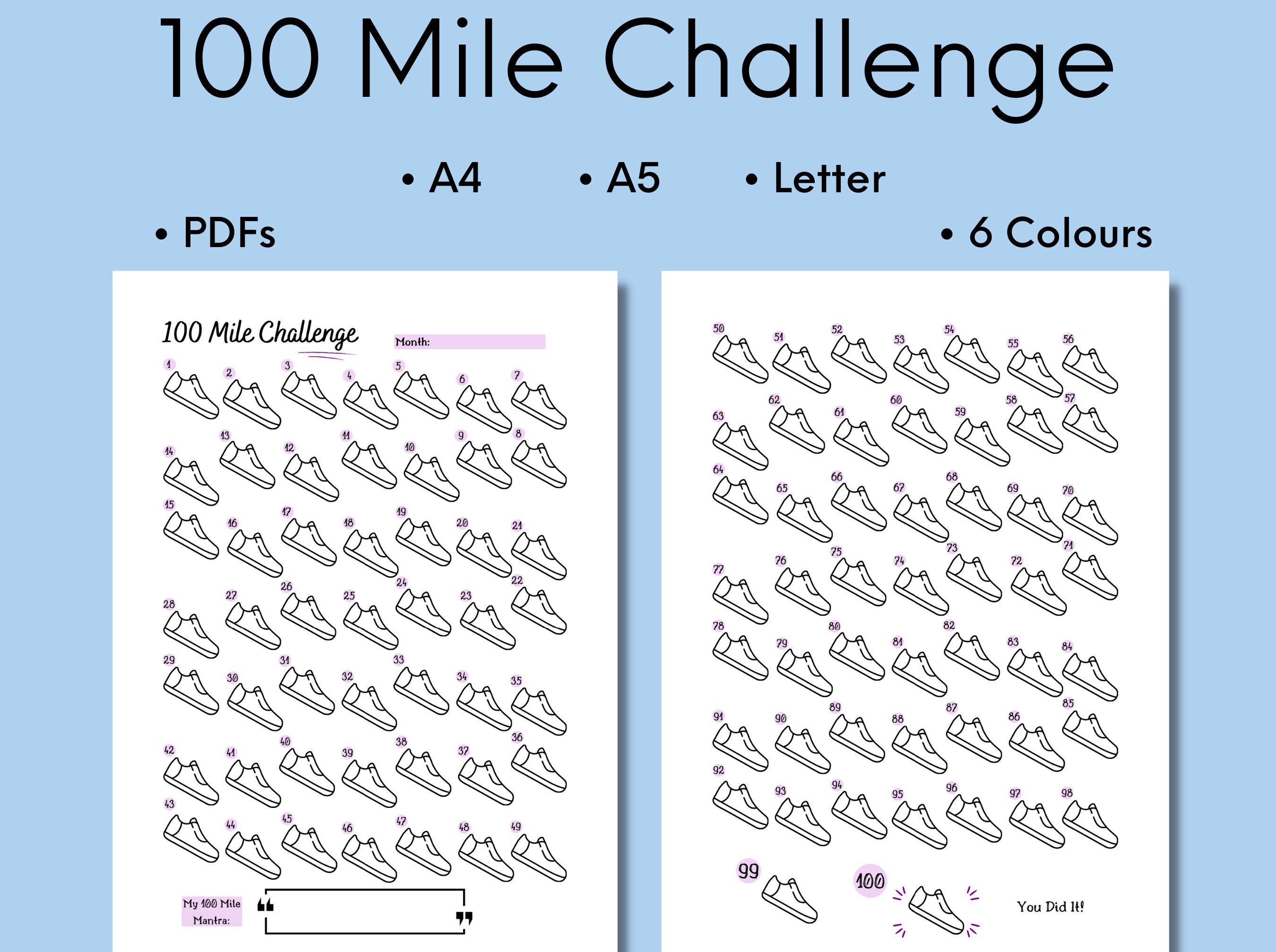 100 Mile Challenge Printable, Walking or Running Challenge Tracker ...