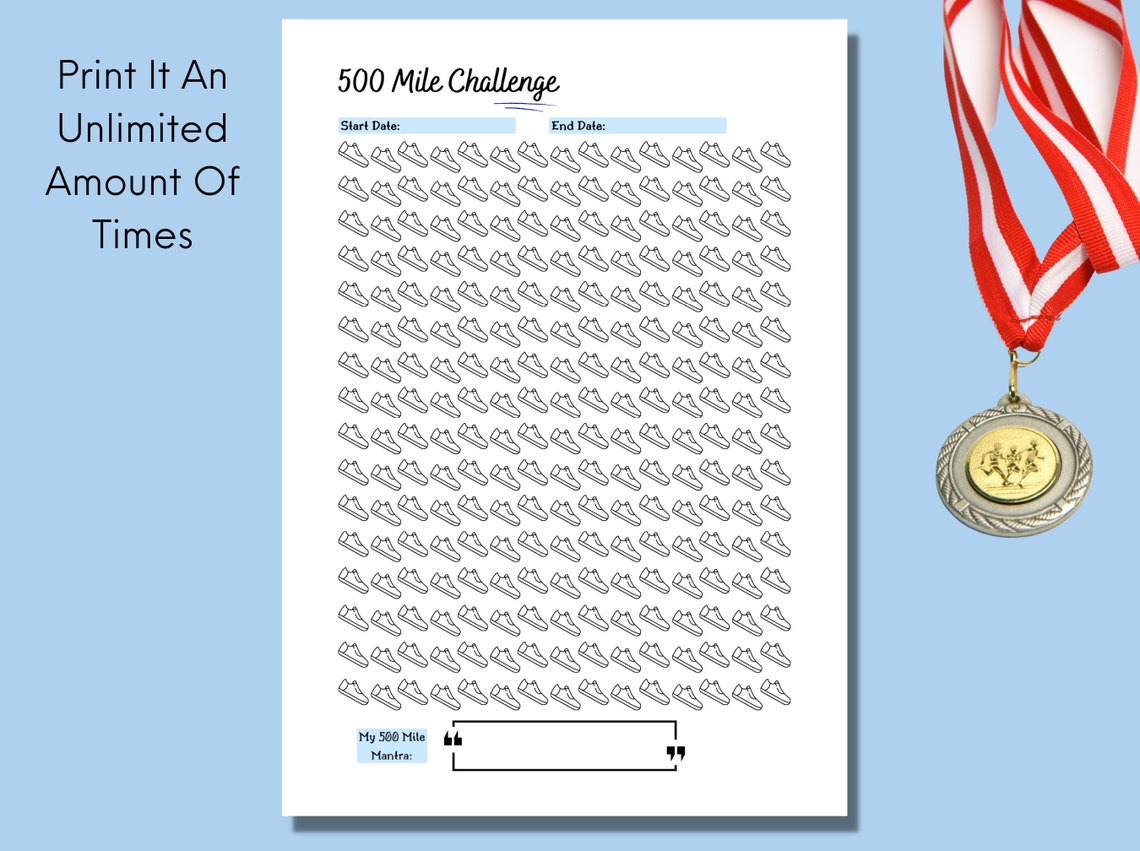 500 Mile Challenge Printable, Walking or Running Challenge Tracker ...
