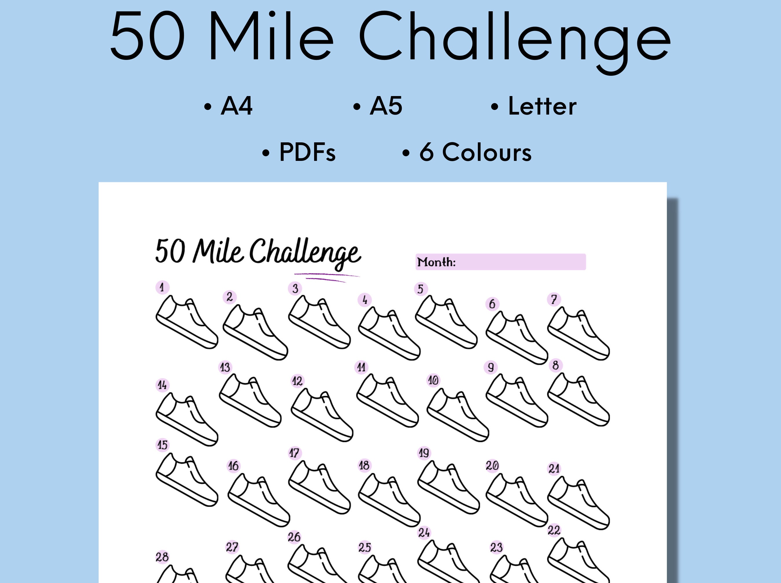 50 Mile Challenge Printable, Running or Walking Challenge Tracker ...