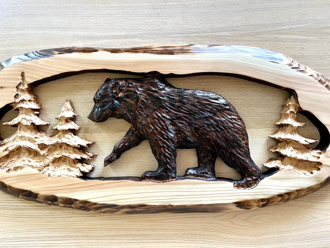 Handcrafted Cedar Bear Wood Carving – Rustic Wall Art for Nature Lovers ...