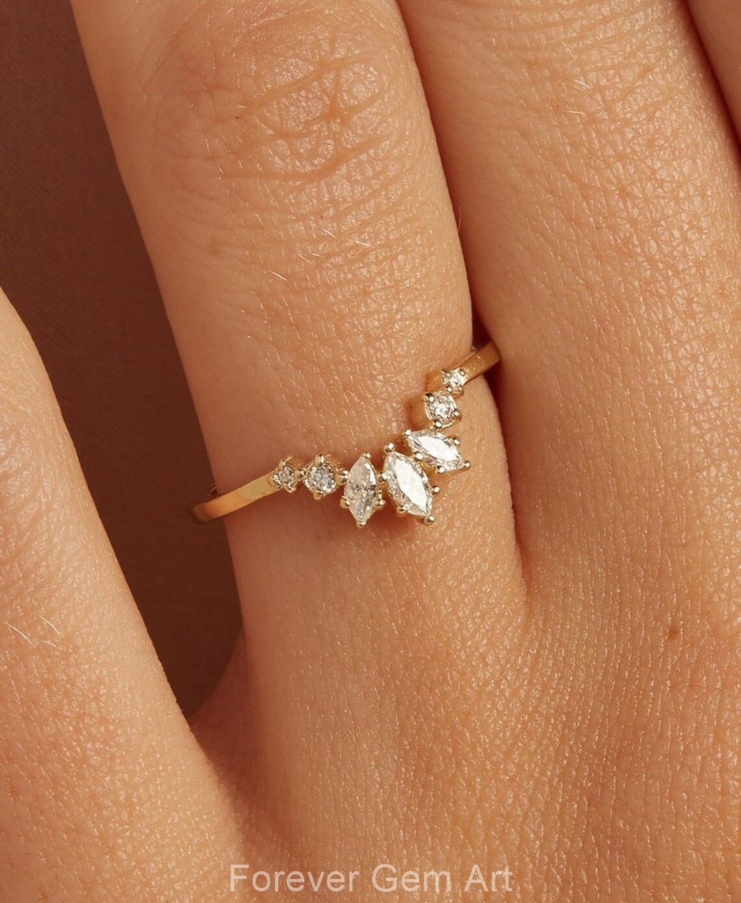 V Shaped Wedding Band 14K Yellow Gold Band Marquise - Etsy