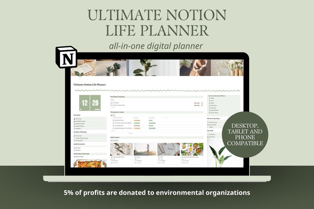 Notion Planner, Green Planner, Digital Planner, Notion Template, Green ...