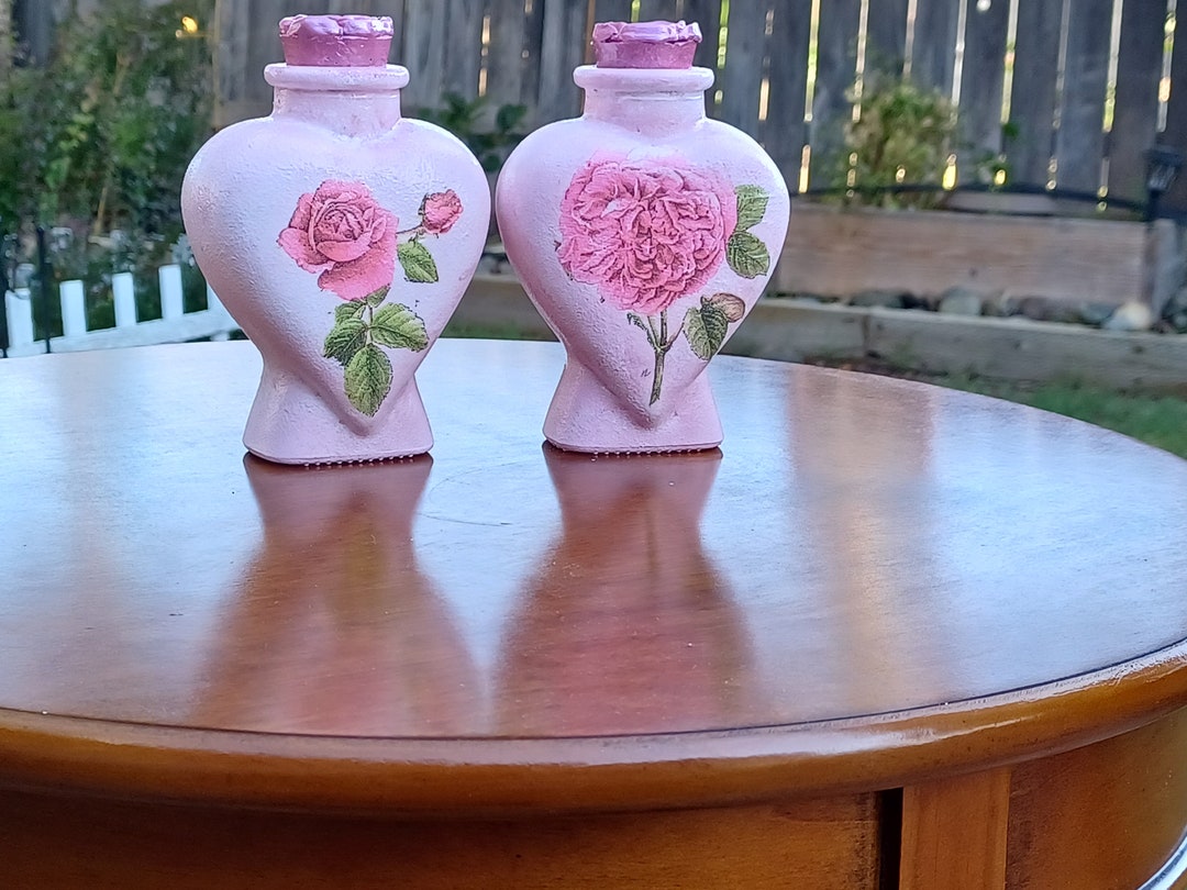 A Set of Shabby Chic Heart Shaped Decoupaged Bottle With Decorated Cork ...