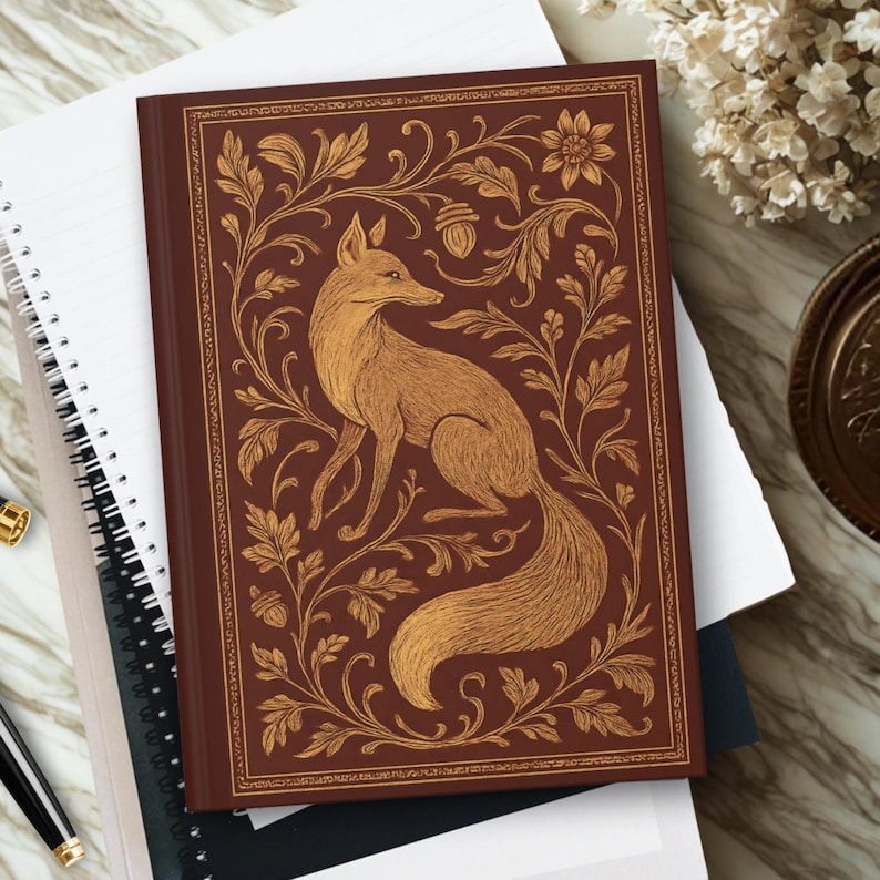Dark Vintage Fox Journal Dark Academia Gold Foil Look Notebook Gold Art ...