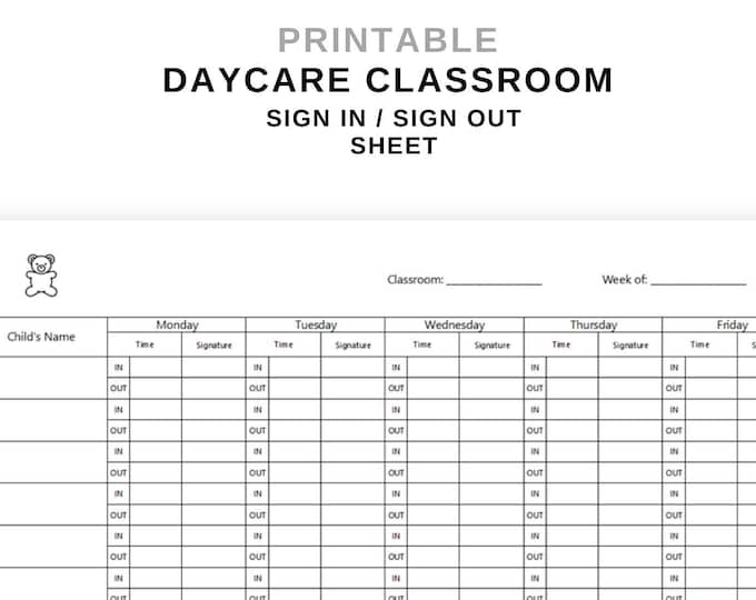 Daycare Classroom Sign-in Sign-out Sheet Childcare Parent Drop-off - Etsy