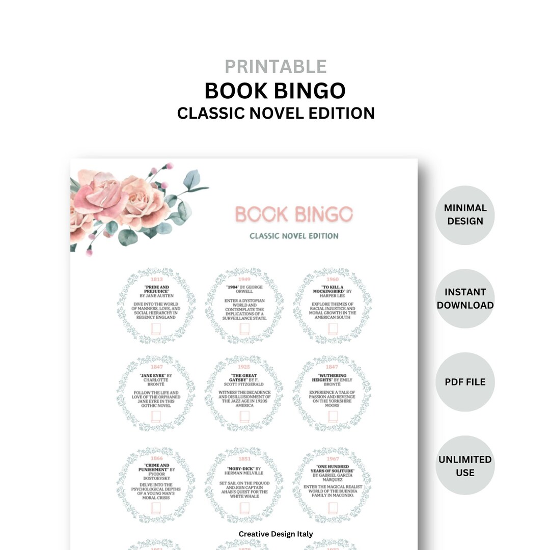 Classic Novels Book Bingo Printable PDF for Reading Challenge and ...