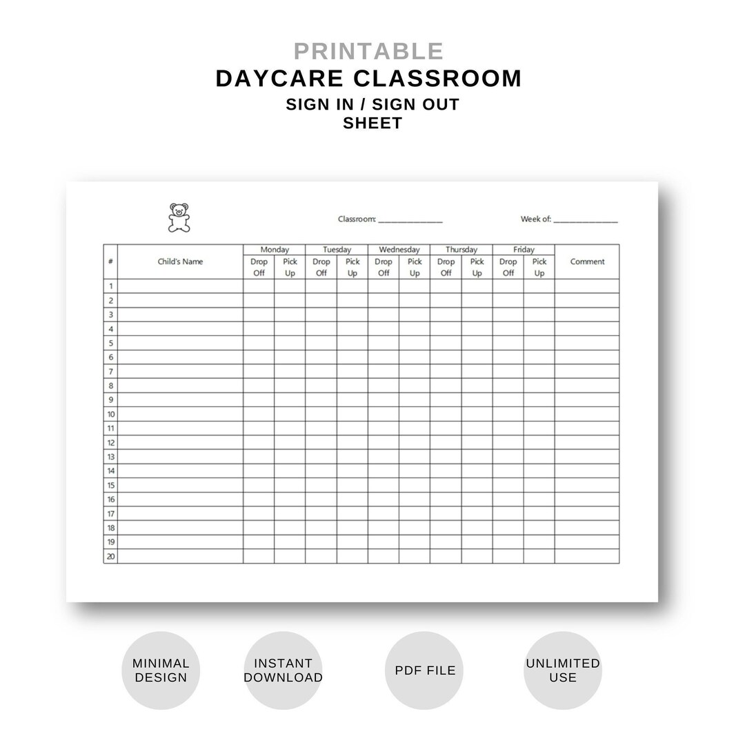 Daycare Classroom Sign-in Sign-out Sheet Childcare Parent Drop-off - Etsy
