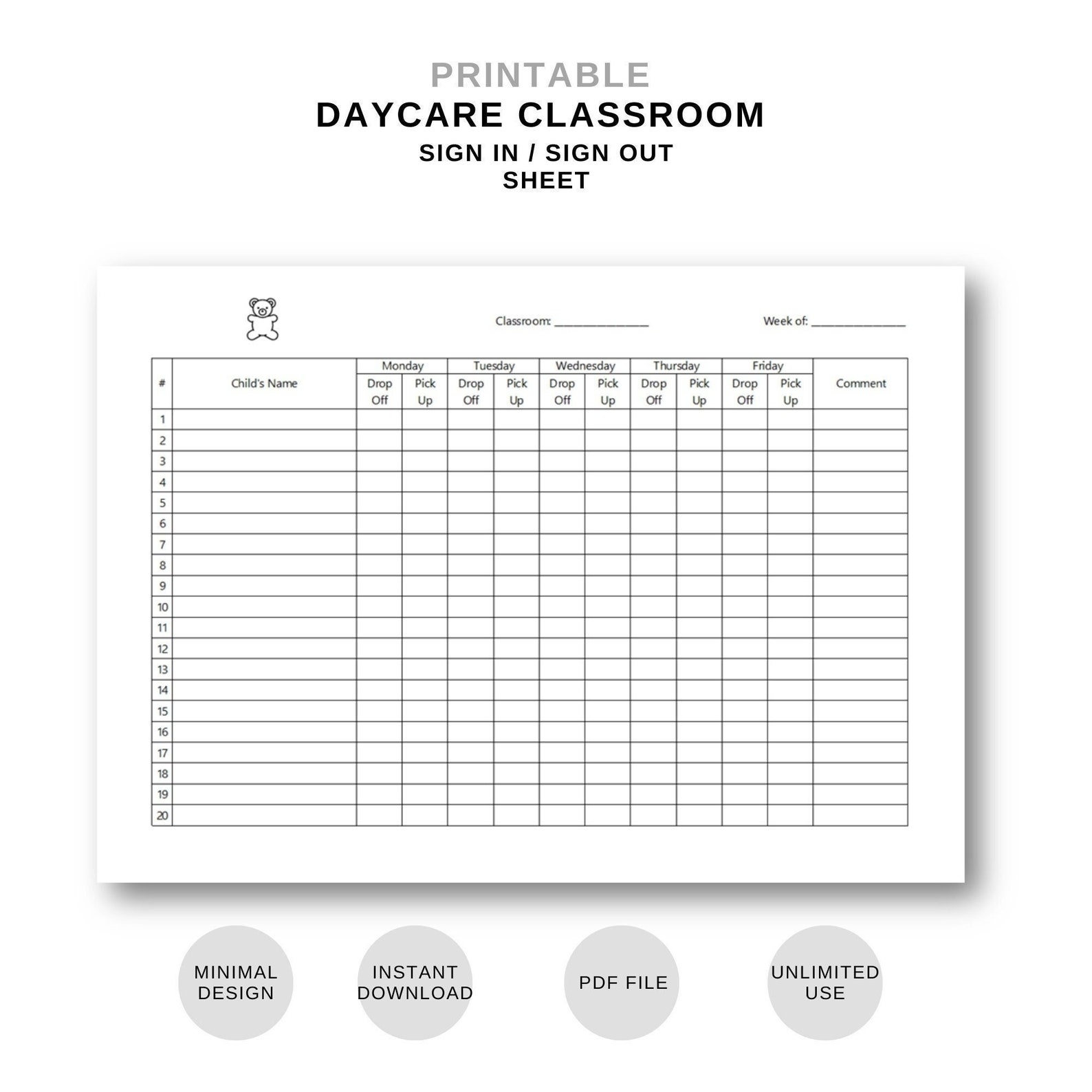 Daycare Classroom Sign-in Sign-out Sheet Childcare Parent Drop-off - Etsy
