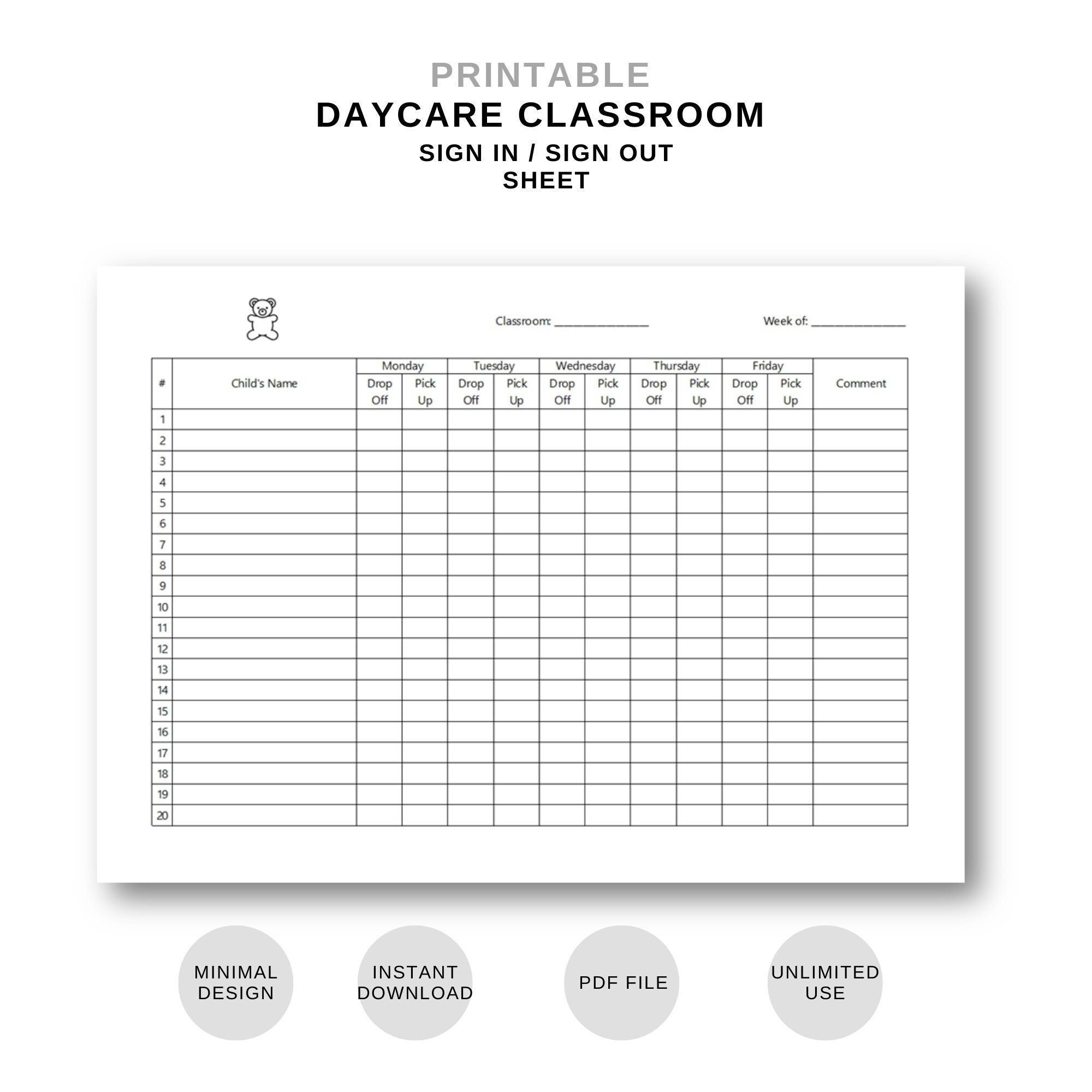 Daycare Classroom Sign-in Sign-out Sheet Childcare Parent Drop-off - Etsy