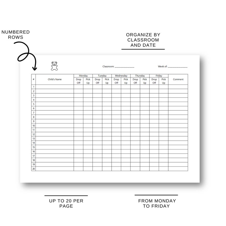 Daycare Classroom Sign-in Sign-out Sheet Childcare Parent Drop-off - Etsy