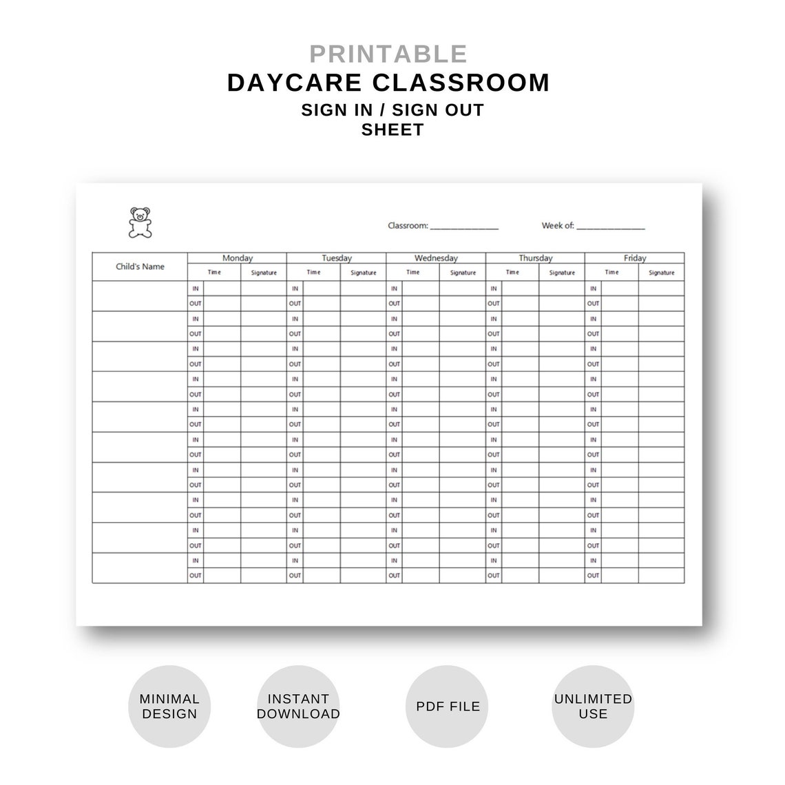 Daycare Classroom Sign-in Sign-out Sheet Childcare Parent Drop-off - Etsy