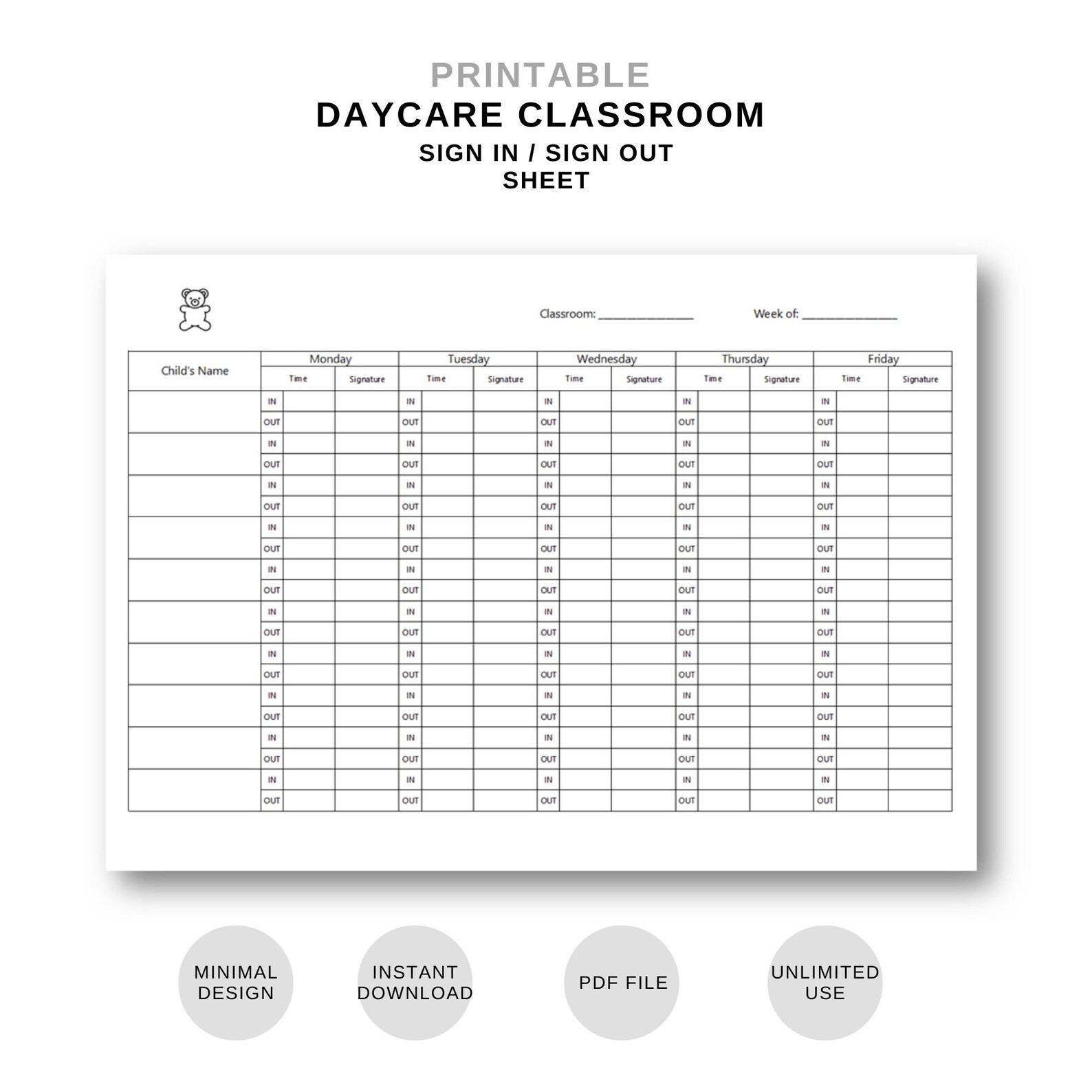 Daycare Classroom Sign-in Sign-out Sheet Childcare Parent Drop-off - Etsy