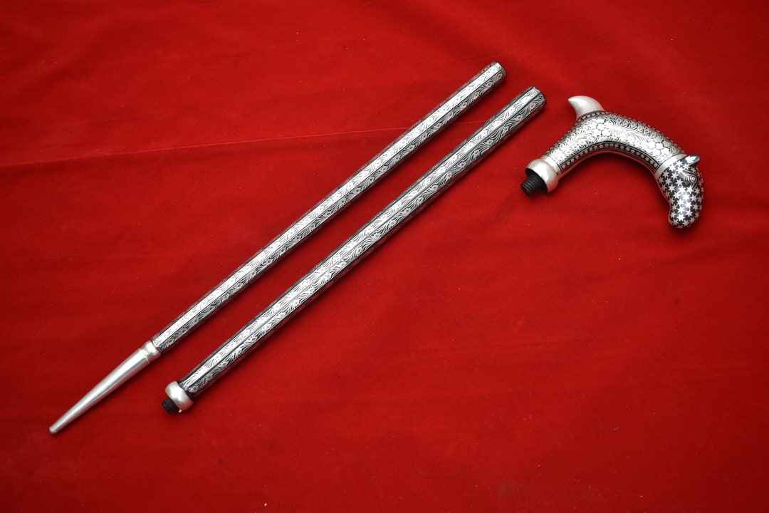 Vintage Indian Mughal Islamic Iron Silver Damascened Folding Walking ...