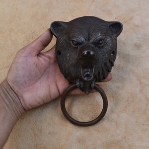 Vintage Cast Iron Grizzly Bear Face Door Knocker Gate Handle Door ...