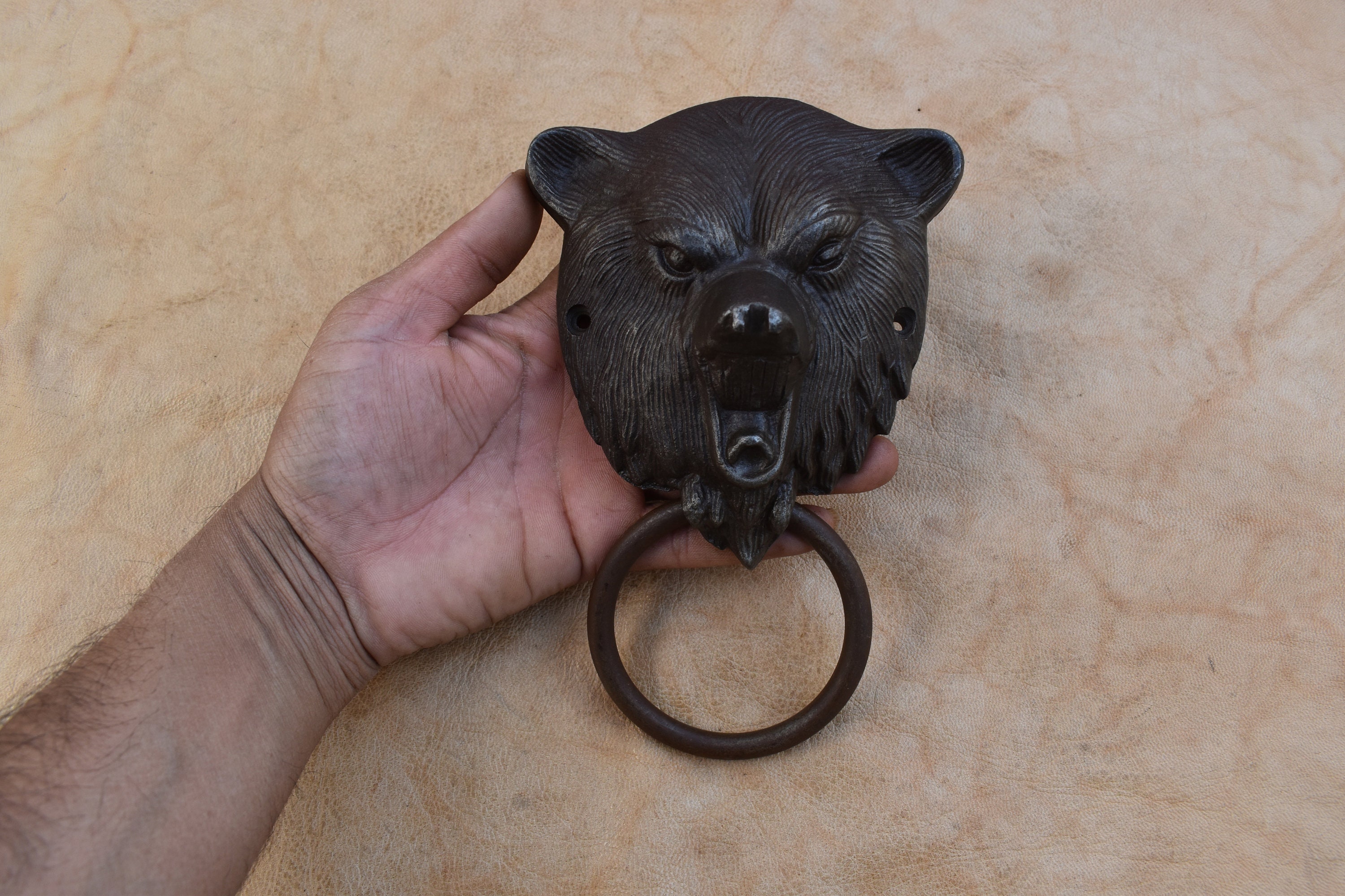 Vintage Cast Iron Grizzly Bear Face Door Knocker Gate Handle Door ...