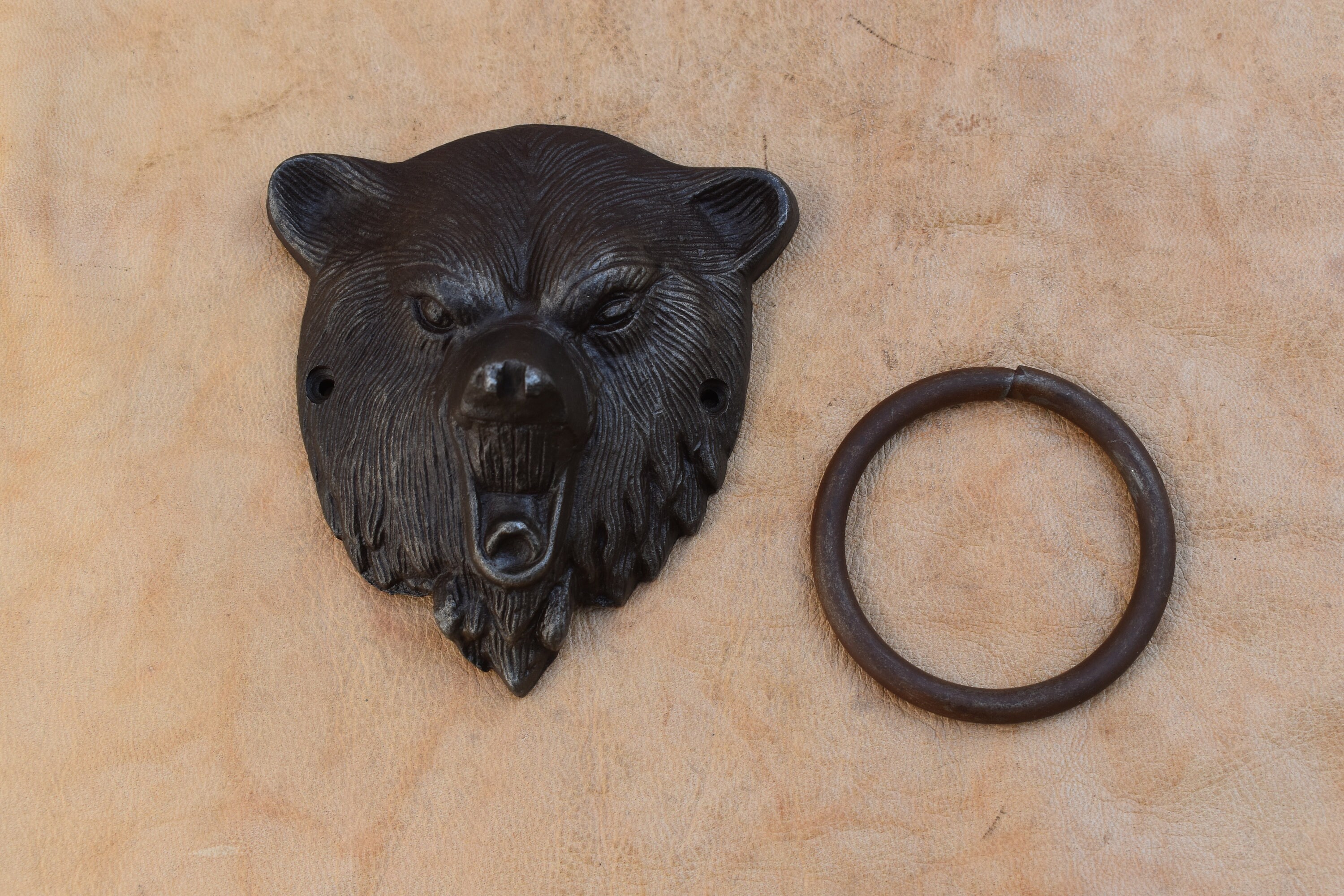 Vintage Cast Iron Grizzly Bear Face Door Knocker Gate Handle Door ...