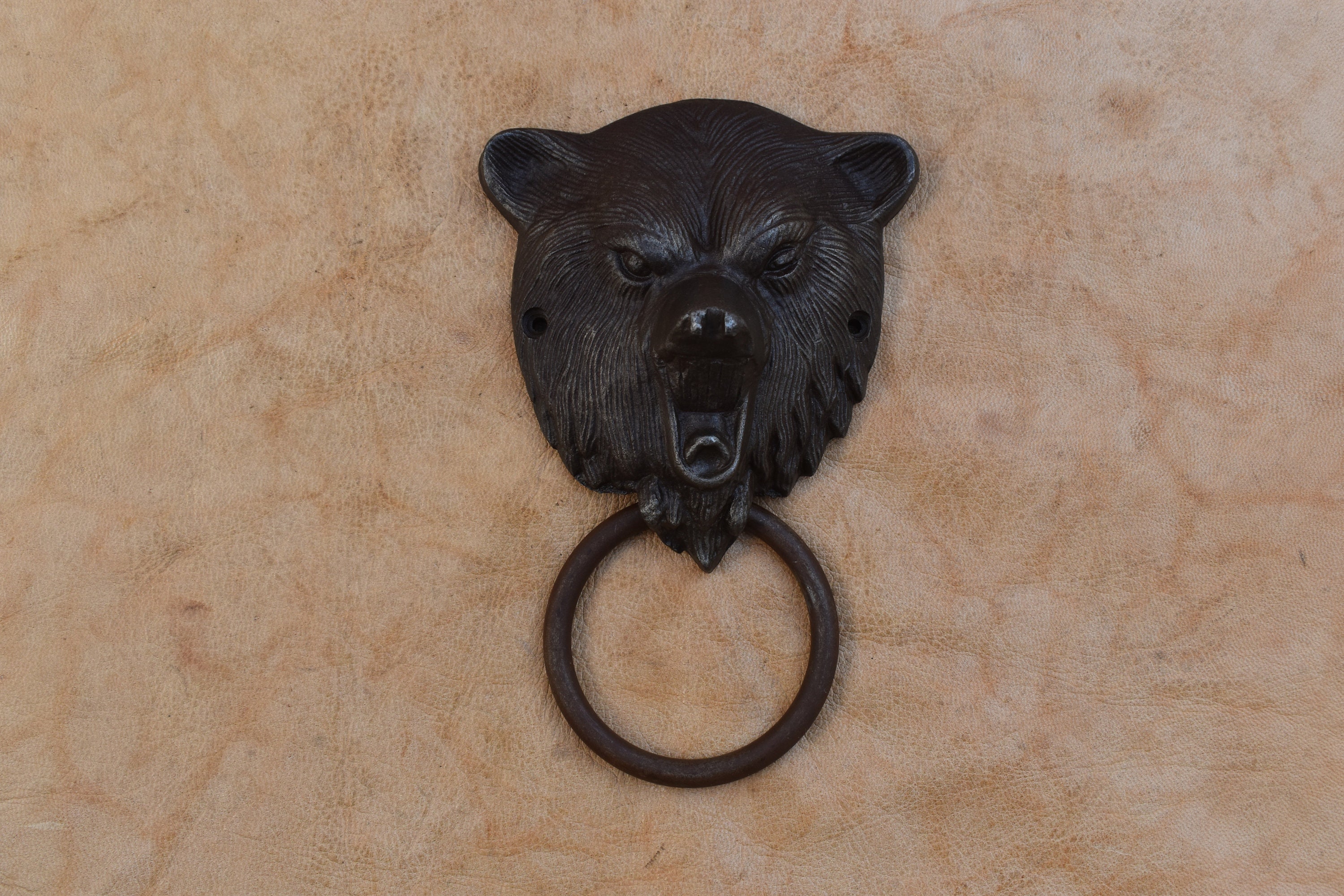 Vintage Cast Iron Grizzly Bear Face Door Knocker Gate Handle Door ...