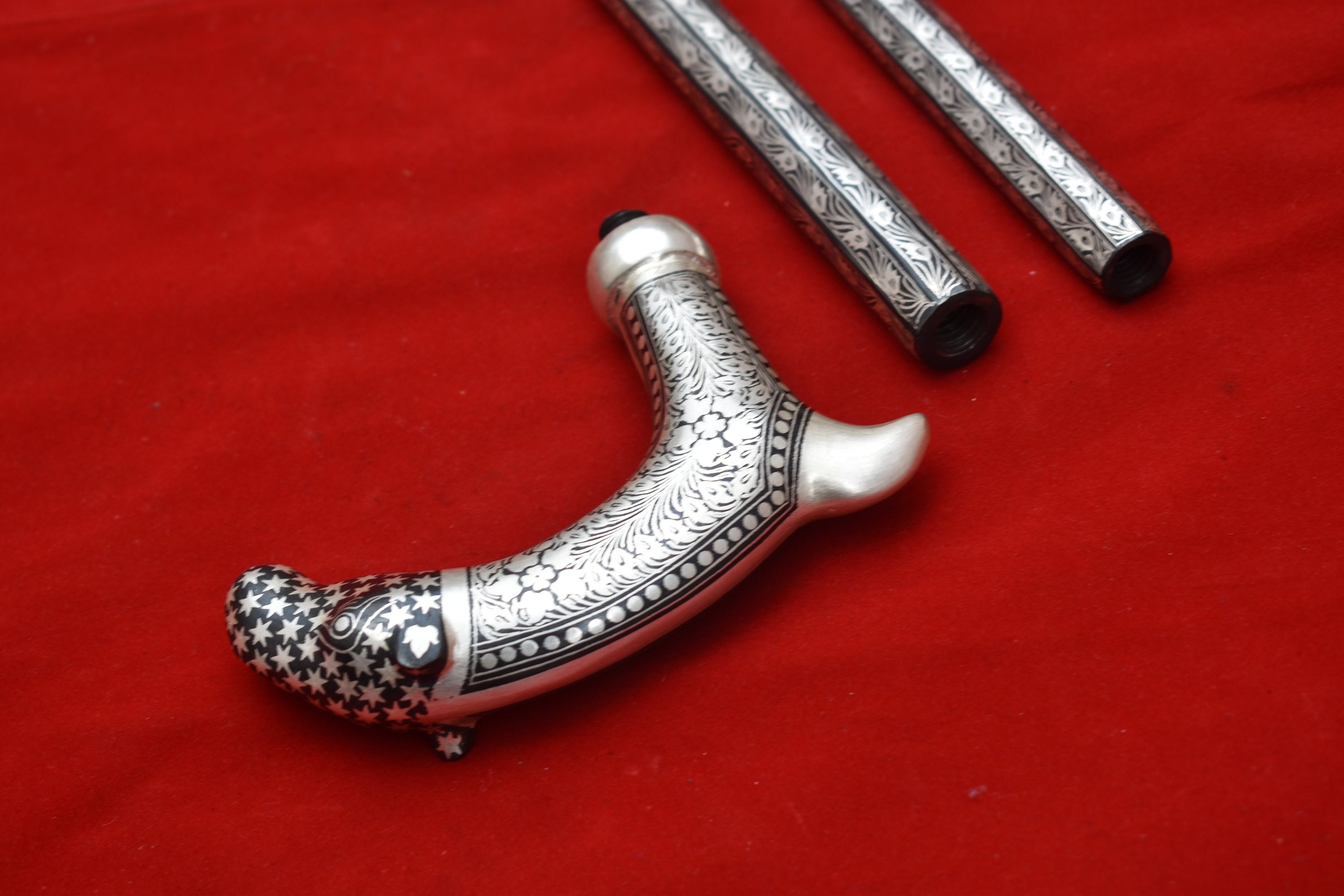 Vintage Indian Mughal Islamic Iron Silver Damascened Folding Walking ...