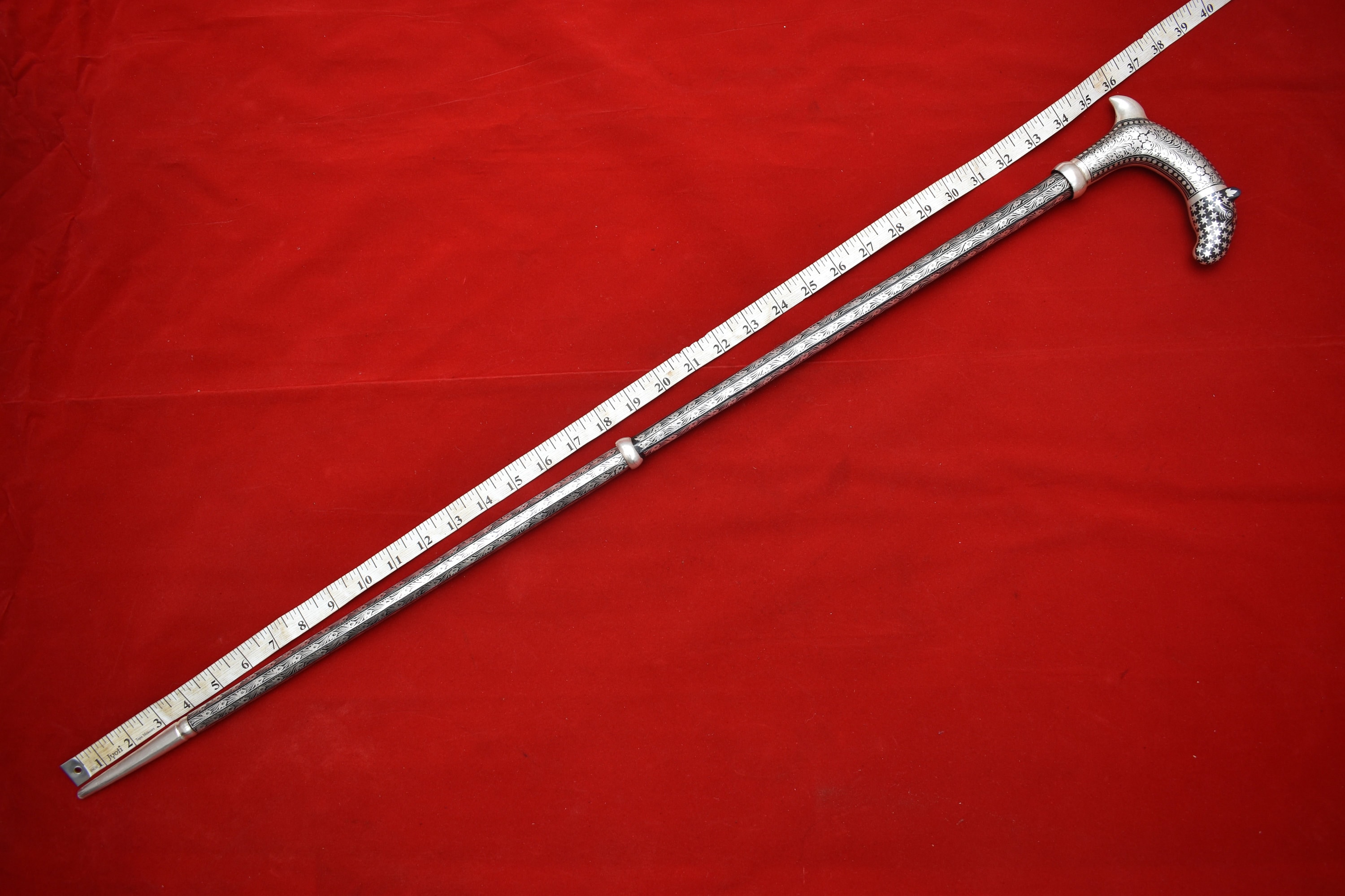 Vintage Indian Mughal Islamic Iron Silver Damascened Folding Walking ...