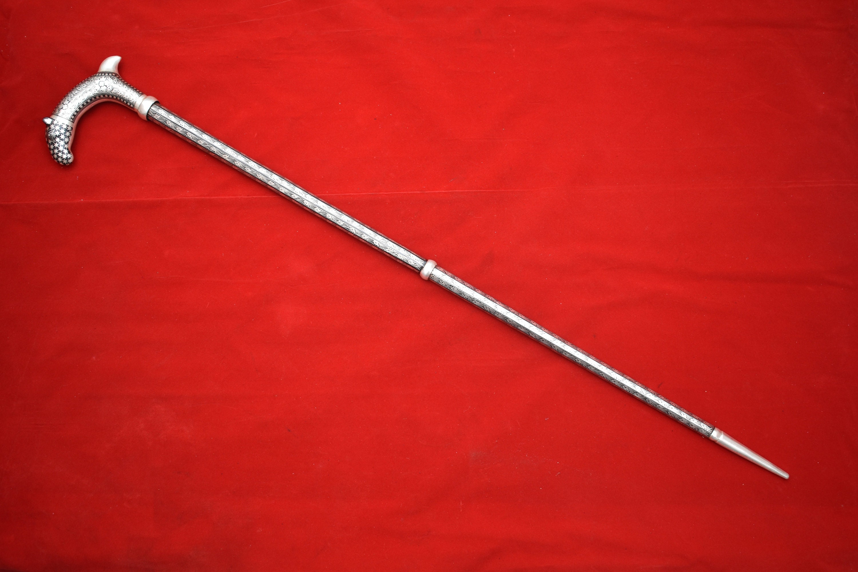 Vintage Indian Mughal Islamic Iron Silver Damascened Folding Walking ...