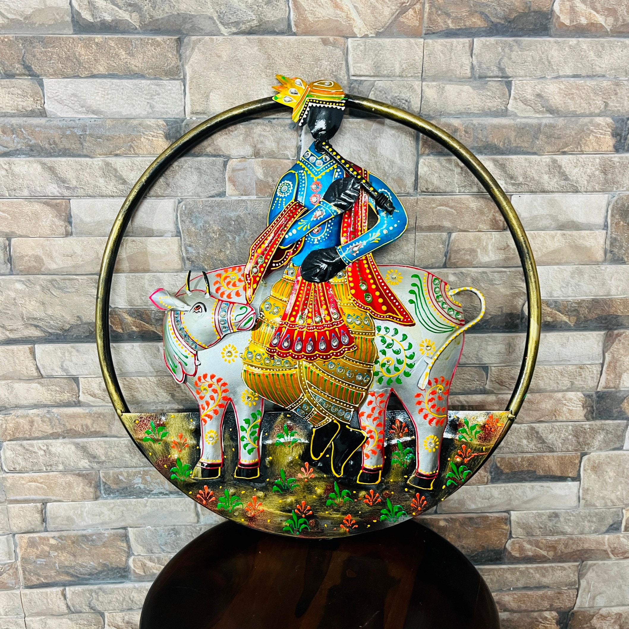 Krishna With Cow Indian Metal Wall Art, Metal Wall Sculpture, Home ...