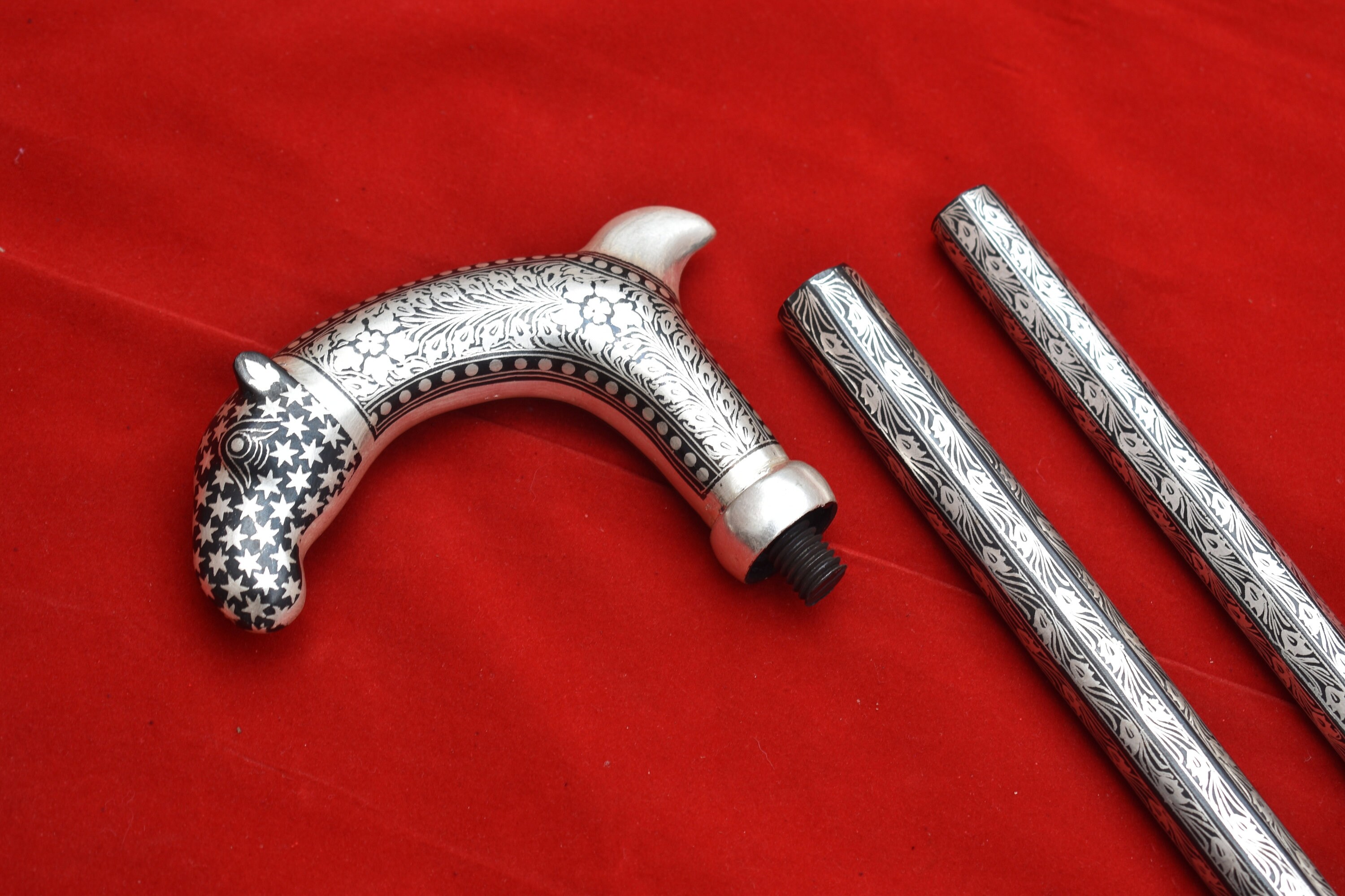 Vintage Indian Mughal Islamic Iron Silver Damascened Folding Walking ...