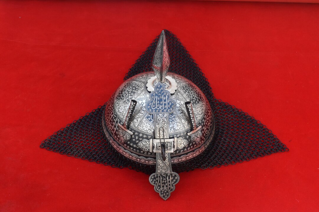 Vintage Mughal Islamic Silver Damascened Iron Kufic Helmet Khula Khud ...