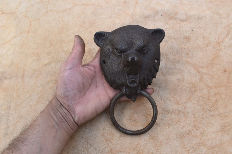 Vintage Cast Iron Grizzly Bear Face Door Knocker Gate Handle Door ...