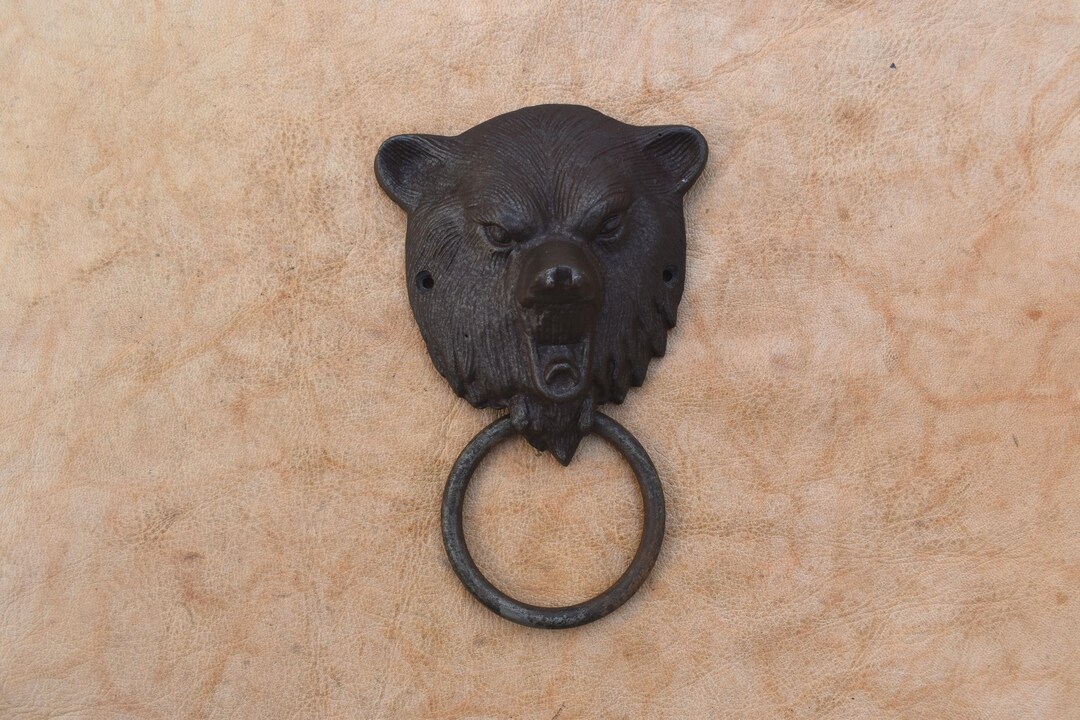 Vintage Cast Iron Grizzly Bear Face Door Knocker Gate Handle Door ...