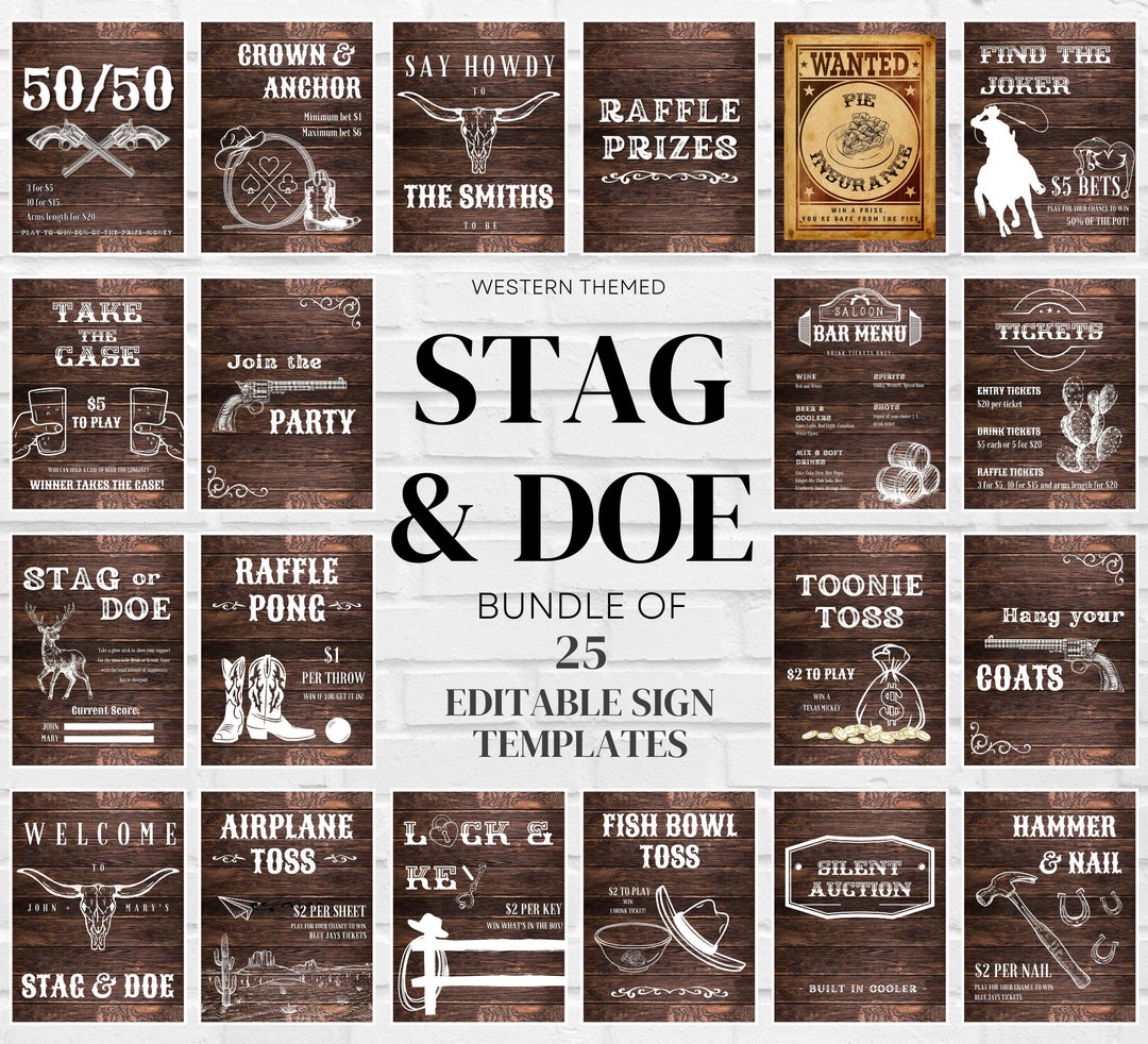 Stag and Doe Editable Sign Bundle Jack and Jill Wedding Signs Western ...
