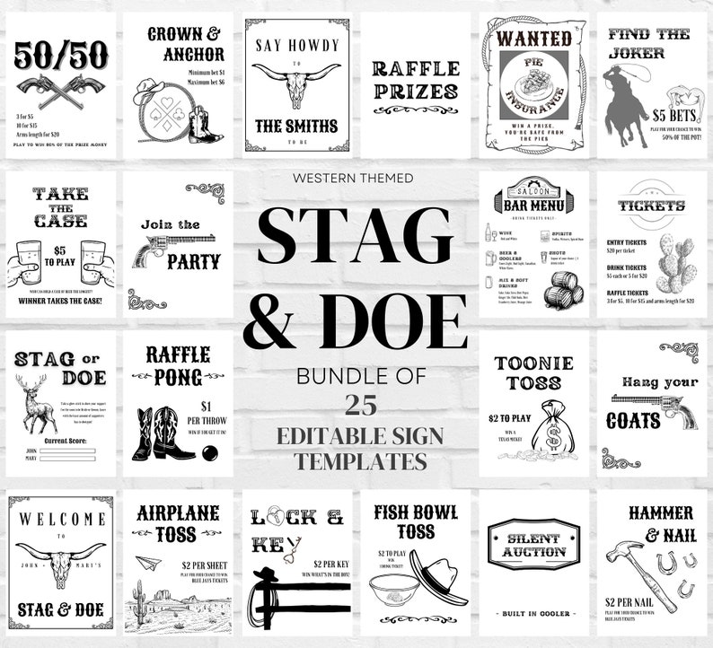 Stag and Doe Editable Sign Bundle Black and White Western Theme Jack ...
