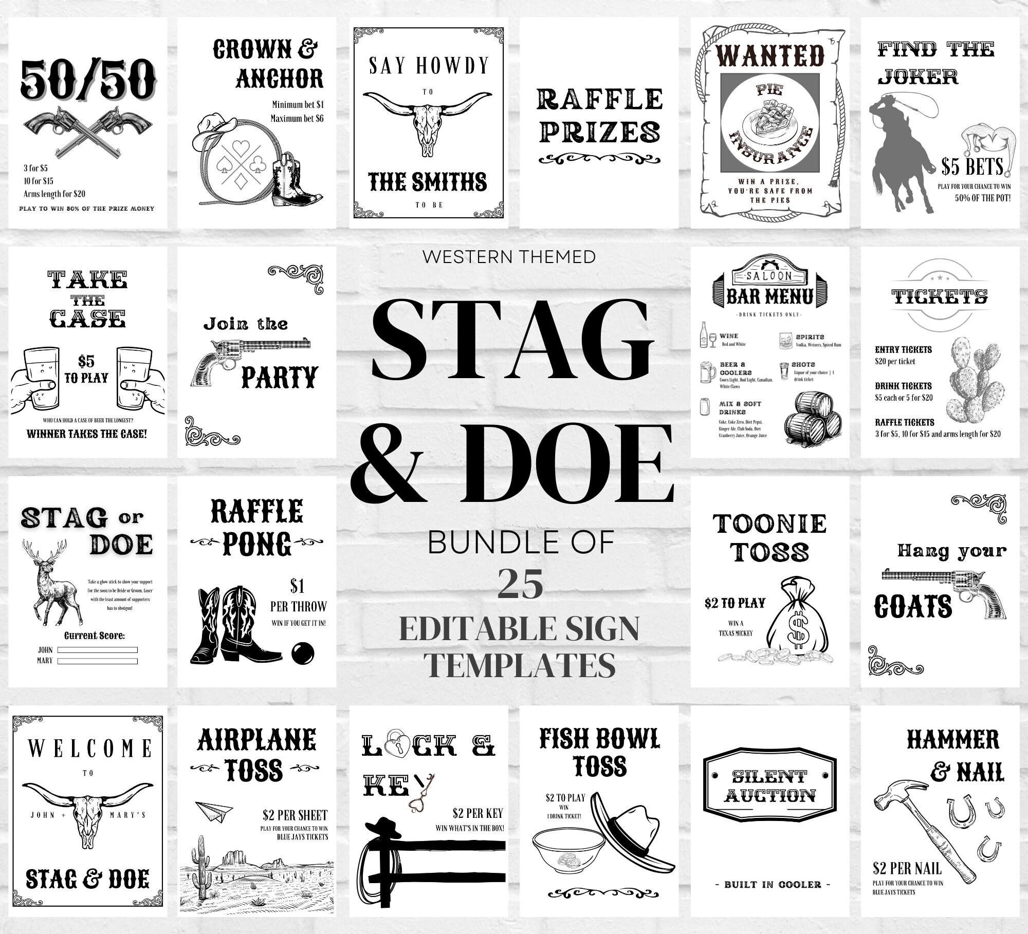 Stag and Doe Editable Sign Bundle Black and White Western Theme Jack ...