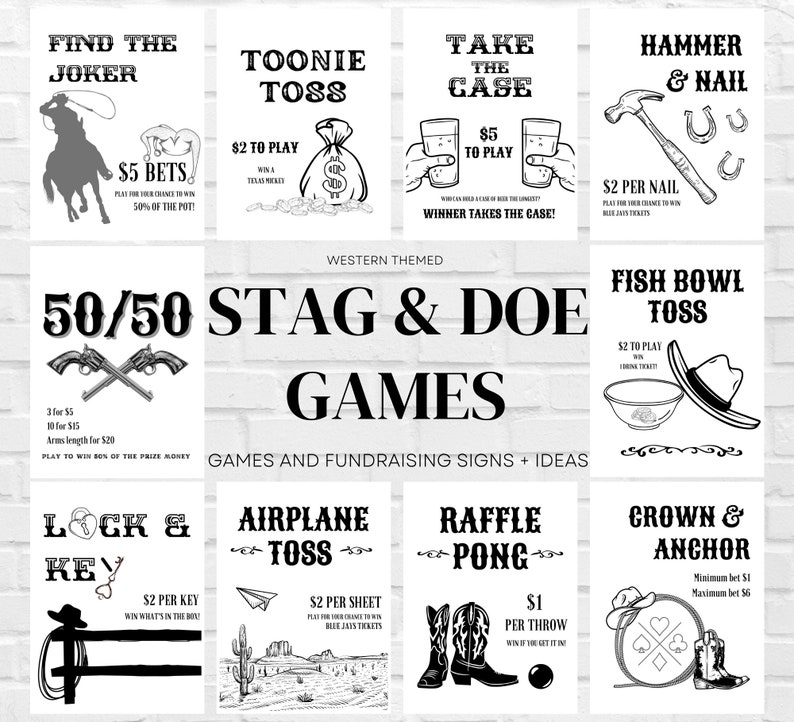 Stag and Doe GAMES Editable Sign Bundle Black and White Western Themed ...