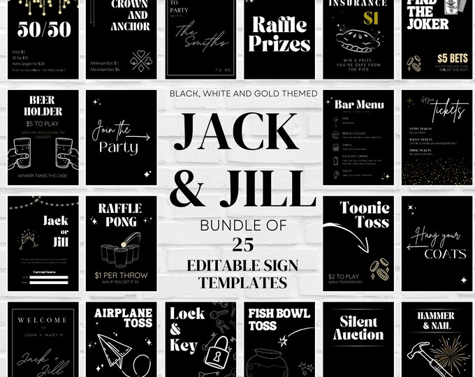 Jack and Jill Games Editable Sign Bundle White Gold Themed Stag and Doe ...