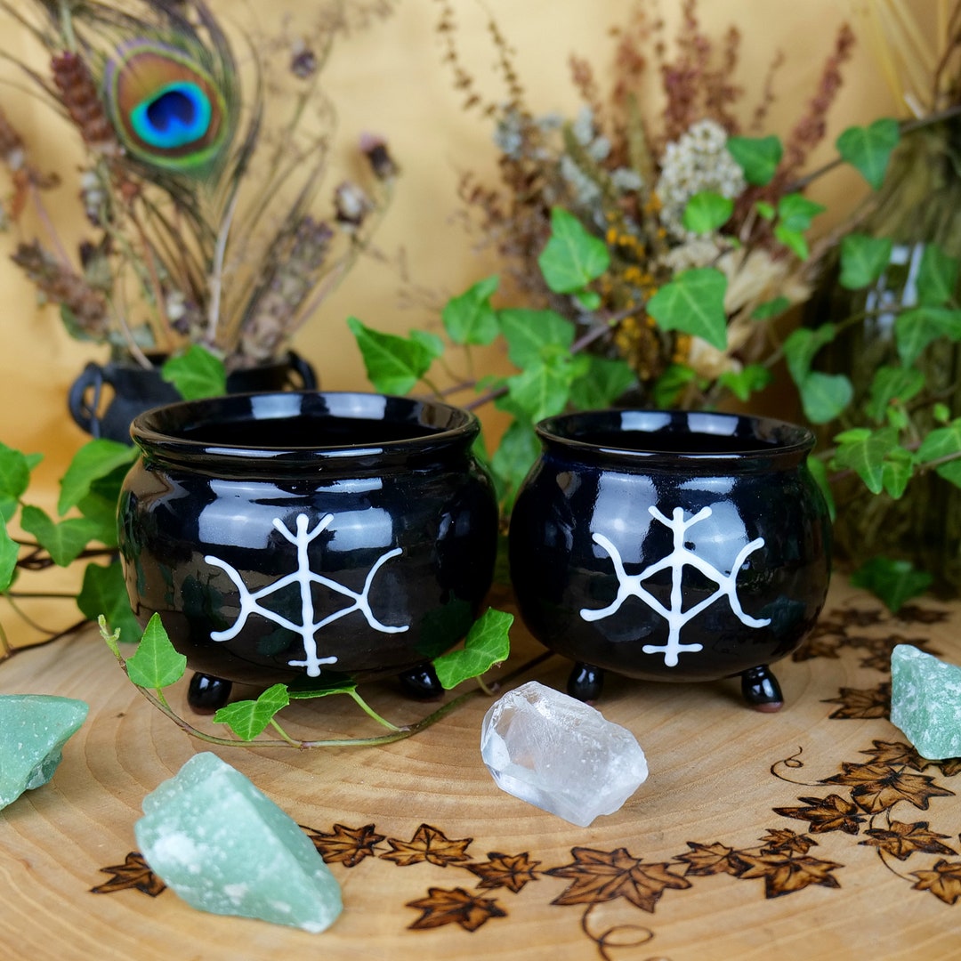 Pair of Hand Thrown Cauldron Jars Protection Wheel of the Year Evil Eye ...