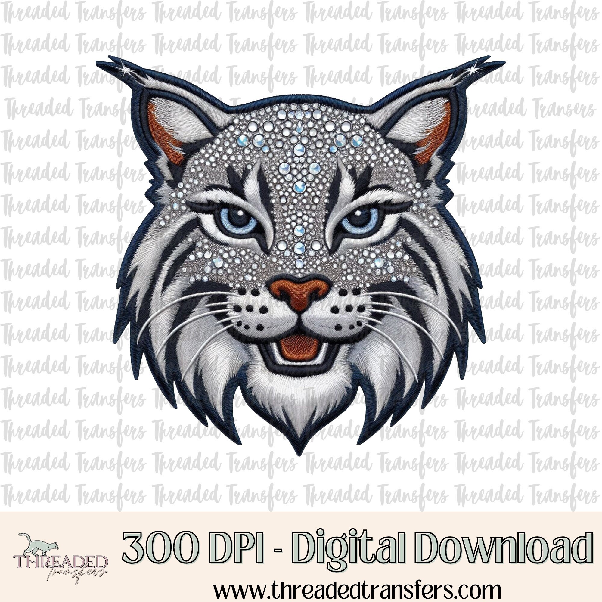 Sparkly Bobcat Faux Rhinestone & Faux Embroidery Design Digital ...