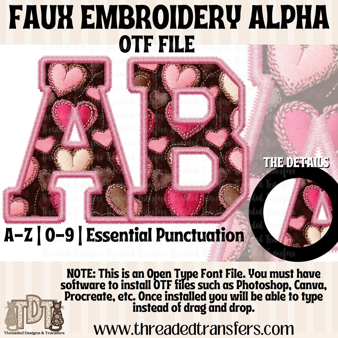 Patchwork Hearts Faux Embroidery Alpha Set OTF Font File Make Your Own ...