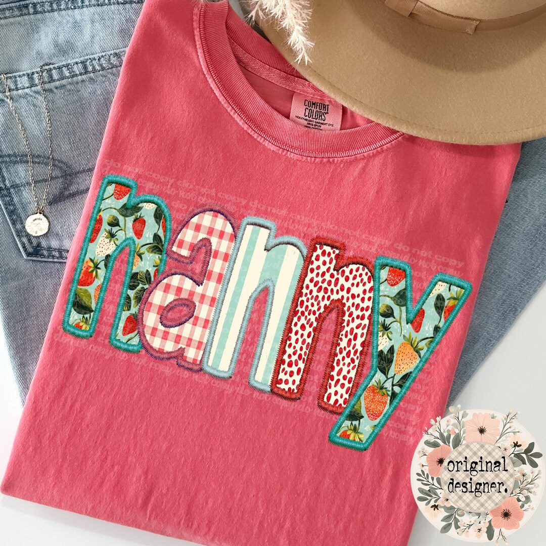 Nanny Strawberry Print Faux Embroidery Design | Digital Download | PNG ...