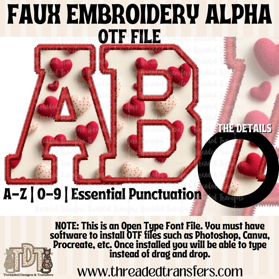 Red Felted Hearts Faux Embroidery Alpha Set OTF Font File Make Your Own ...