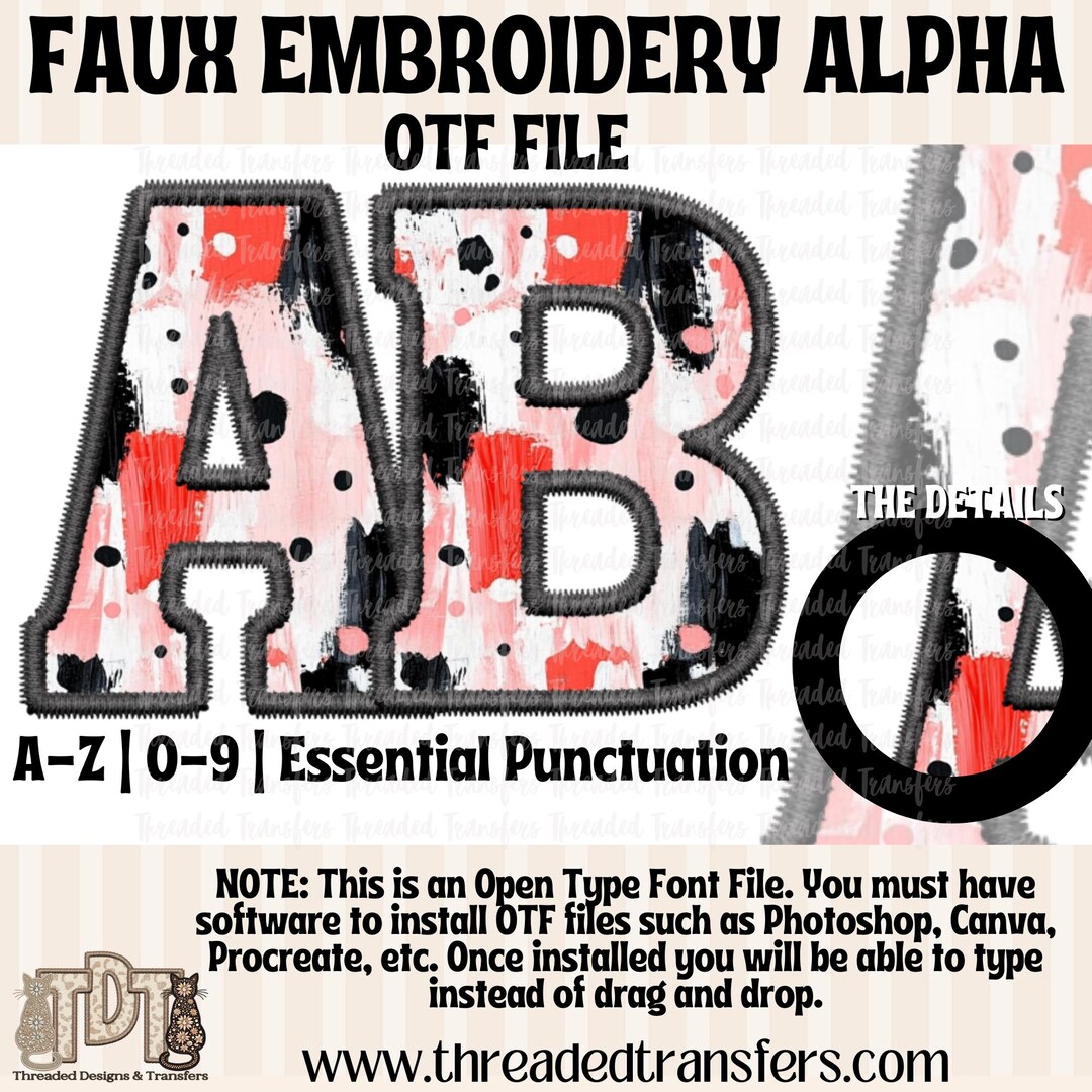 Red and Black Brushstroke Faux Embroidery Alpha Set OTF Font File Make ...