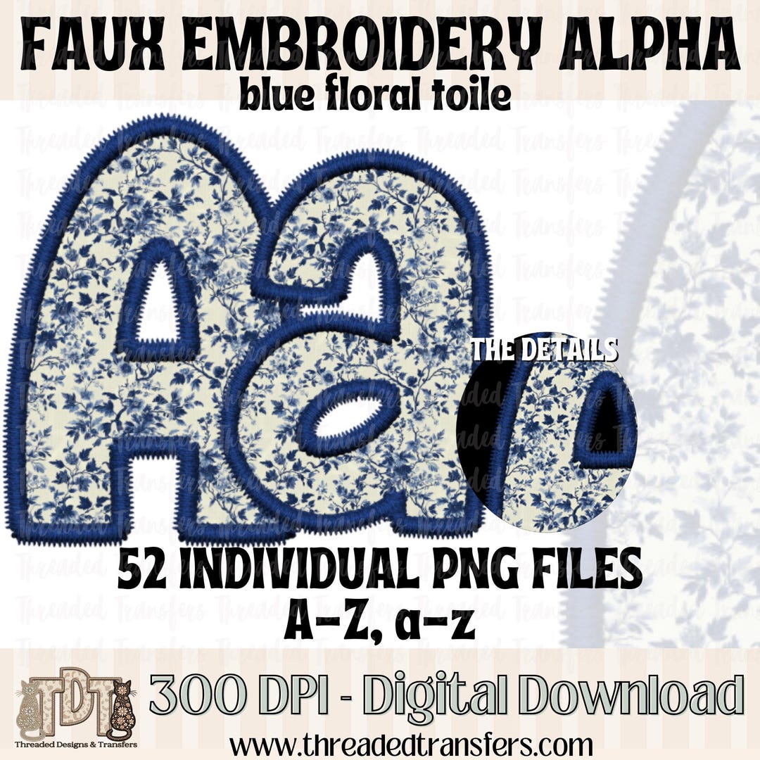 Blue Floral Toile Faux Embroidery Alpha Pack Digital Download PNG File ...