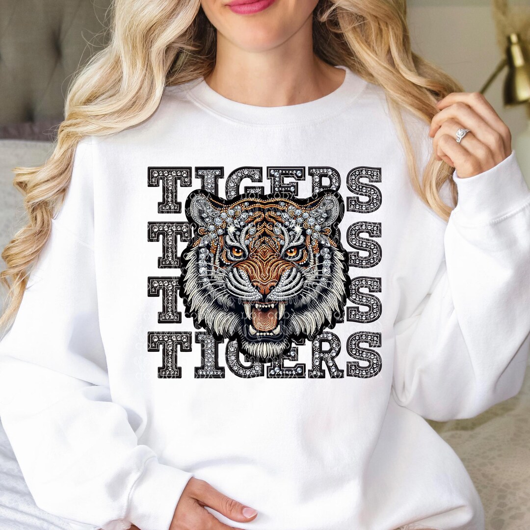 Sparkly Tigers Repeat Words Rhinestone & Faux Embroidery Design ...