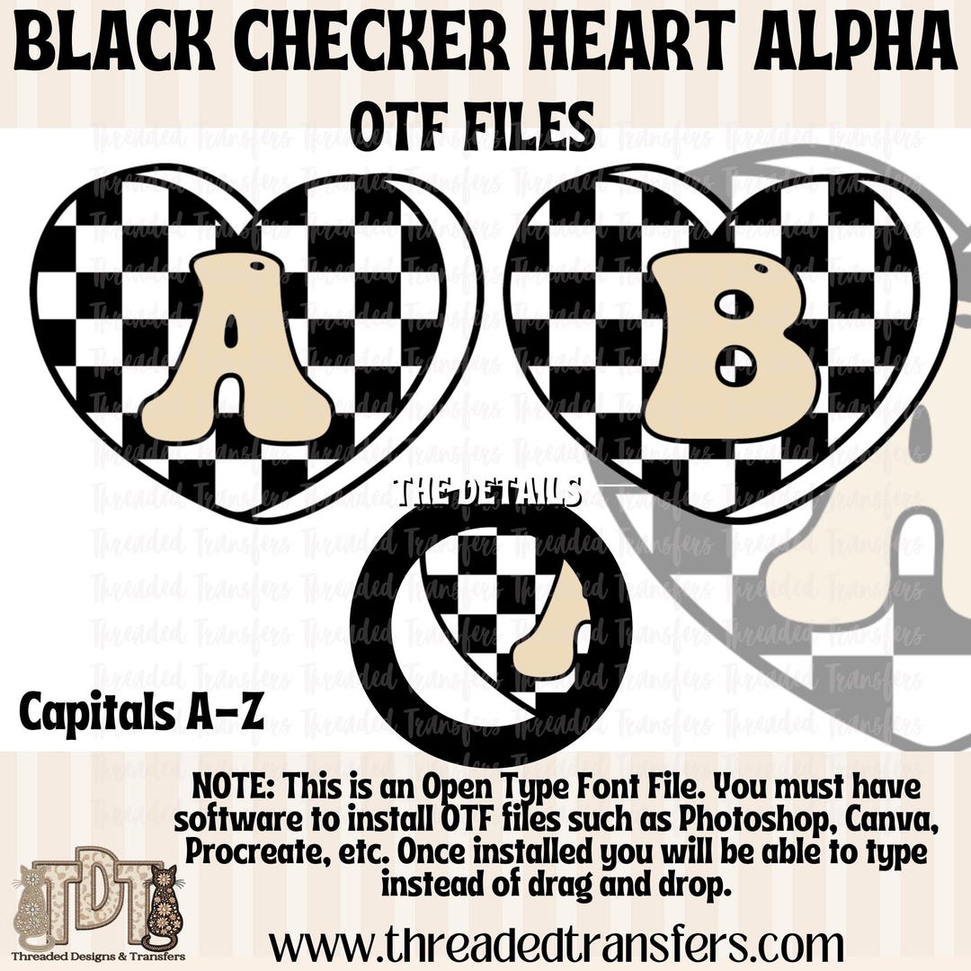 Retro Black Checker Neutral Letter Hearts Alpha Set | OTF Font File ...