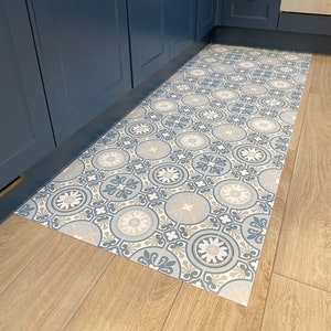 Spanish Tile Vinyl Runner Rug, Kitchen Floor Mat, Blue and Grey ...