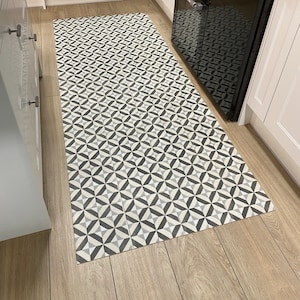 Vinyl Kitchen Runner Floor Mat in Grey Geometric Mosaic Tile Design ...