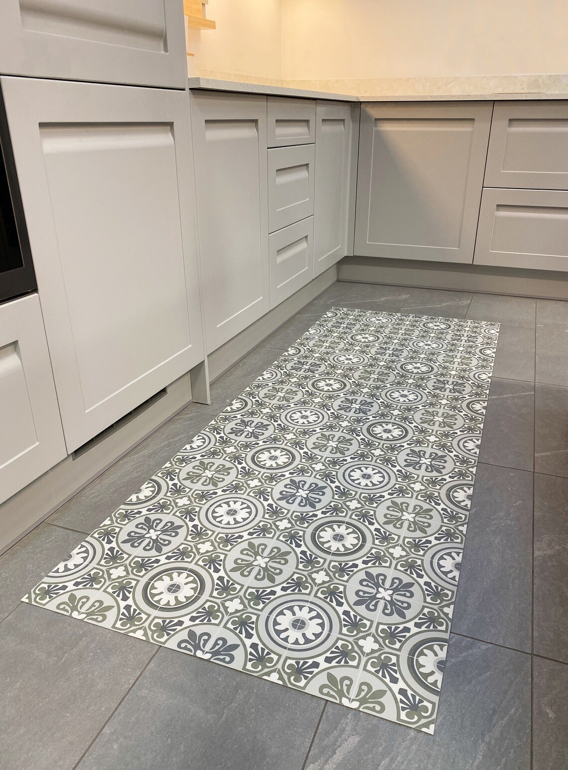 Vinyl Floor Mat in Spanish Tile Design, Kitchen Runner Rug, Green ...