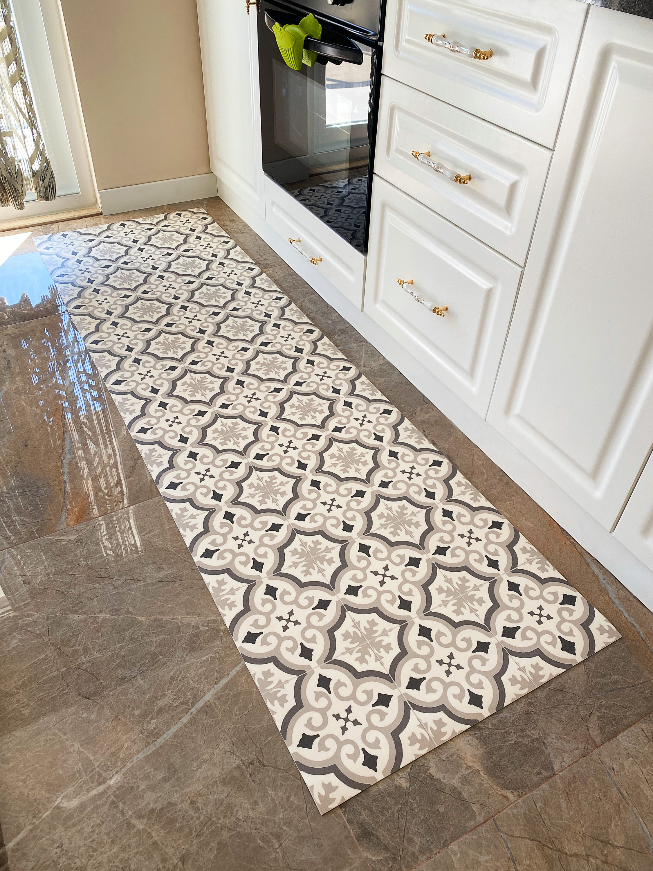 Grey and White Victorian Tile Design Vinyl Rug Runner for - Etsy UK