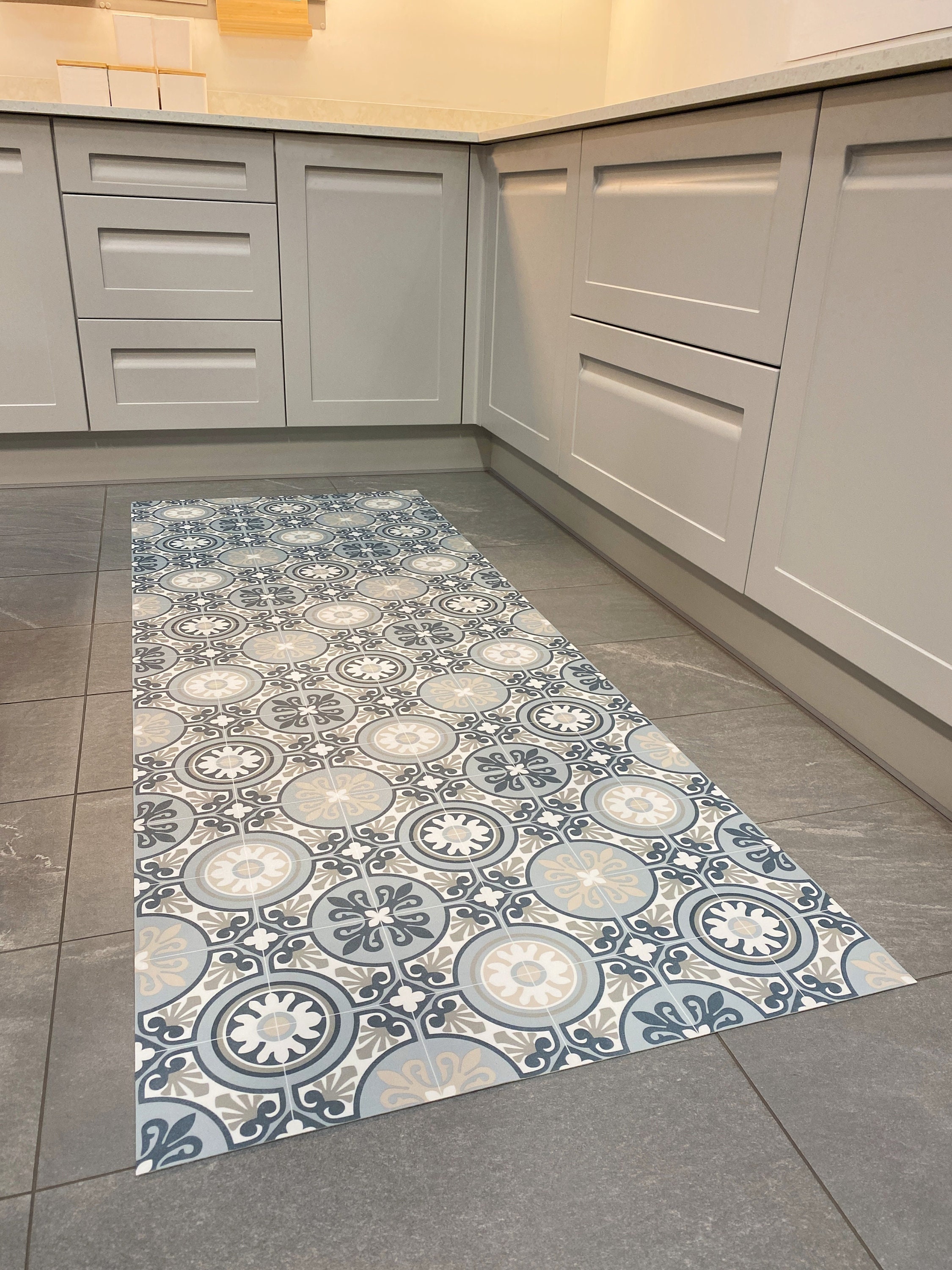 Spanish Tile Vinyl Runner Rug Kitchen Floor Mat Blue and - Etsy